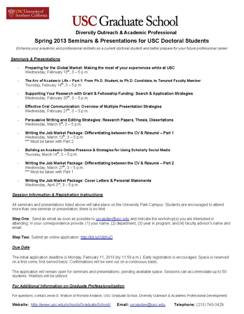 Spring 2013 Seminars and Presentations for USC Doctoral Students – USC ...